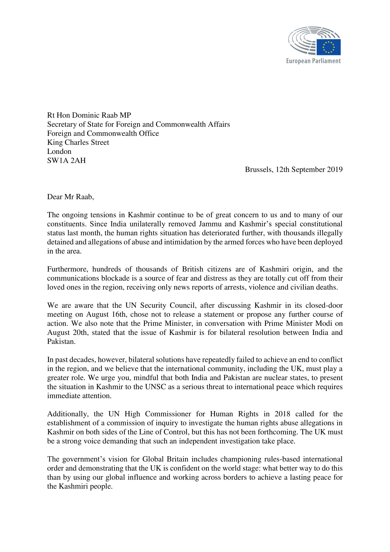 GREEN MEPs SIGN LETTER ON TENSIONS IN KASHMIR & UK RESPONSE – Gina Dowding